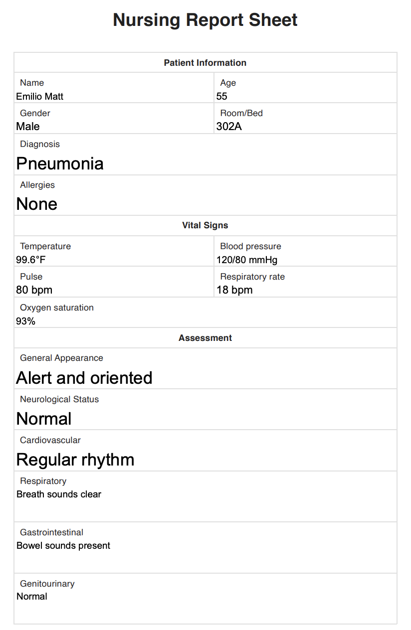 Nursing Report Template